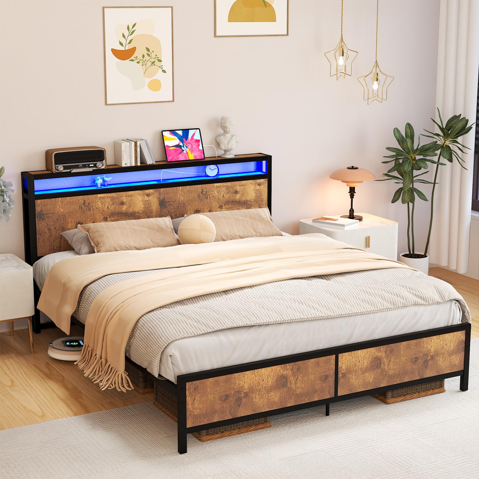 Kiivakii Queen Size Bed Frame with Headboard Storage, LED Platform Bed Built in USB Ports, Noise Free, Heavy Duty No Box Spring Needed, Rustic Brown