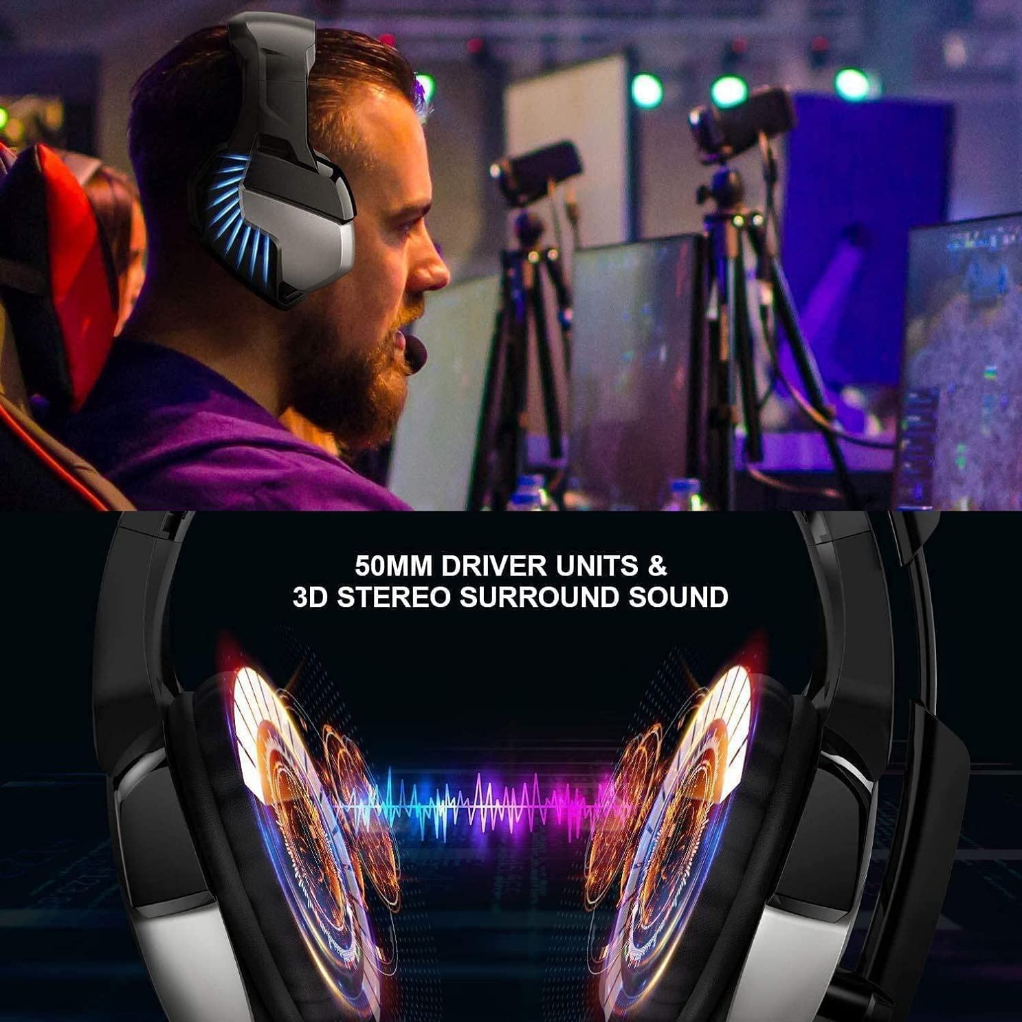ONIGAL Gaming Headset with Microphone, Wired Headphones with LED Lights Soft Memory Over Ear Earmuffs for Laptop PS4, PS5, PC, PS3, Computer