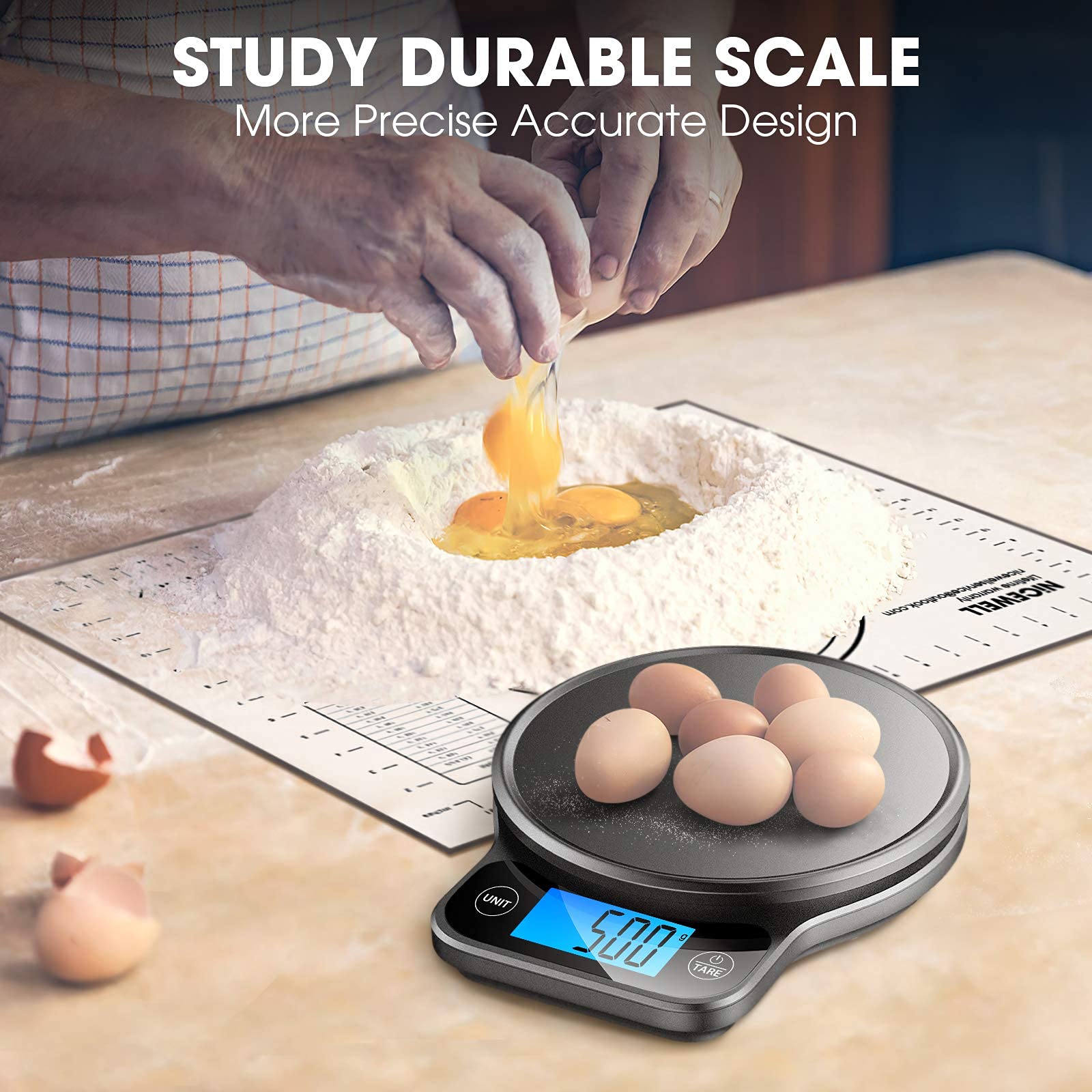 Nicewell Kitchen Scale, High Accurate Digital Food Scale for Weigh Loss, Measures in Grams and Ounces for Cooking Baking, 6kg/13lbs Max, with Pastry Mat