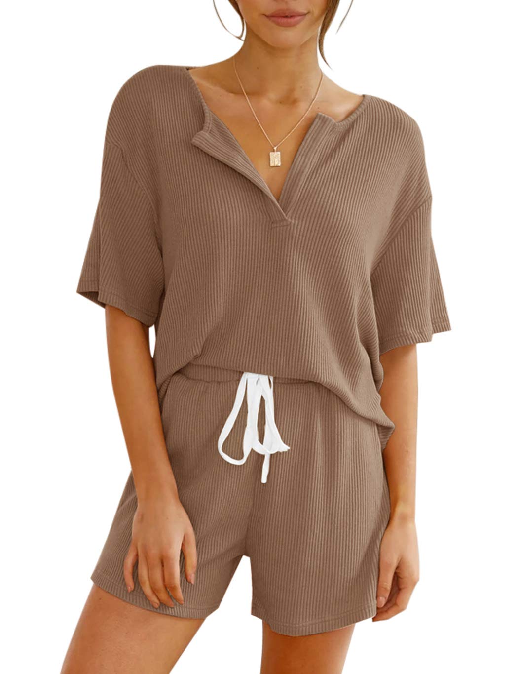 KIKIBERRY Women's Short Sleeve Lounge Set Top and Short Summer 2 Piece Loose Sleepwear Pajamas Sweatsuit PJ Set Light Coffee Small