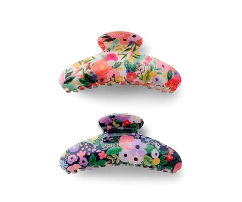 RIFLE PAPER CO. Large Claw Clip Set | Embroidered Fabric Headband, 100% Polyester, Soft Elastic Scrunchie Hair Bands (Bright Floral Pattern), Garden Party