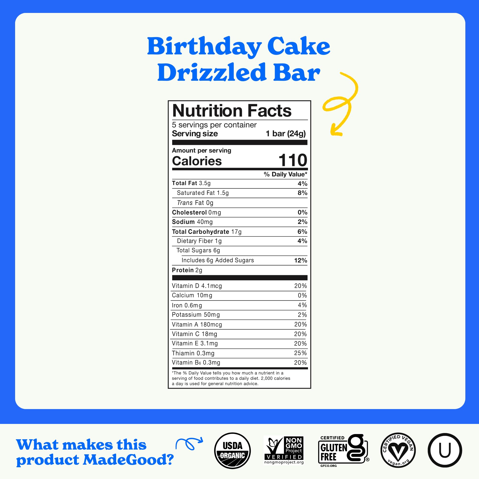 MadeGood Chocolate Drizzled Granola Bars, Birthday Cake (30 Count) Bulk Gluten Free Snacks