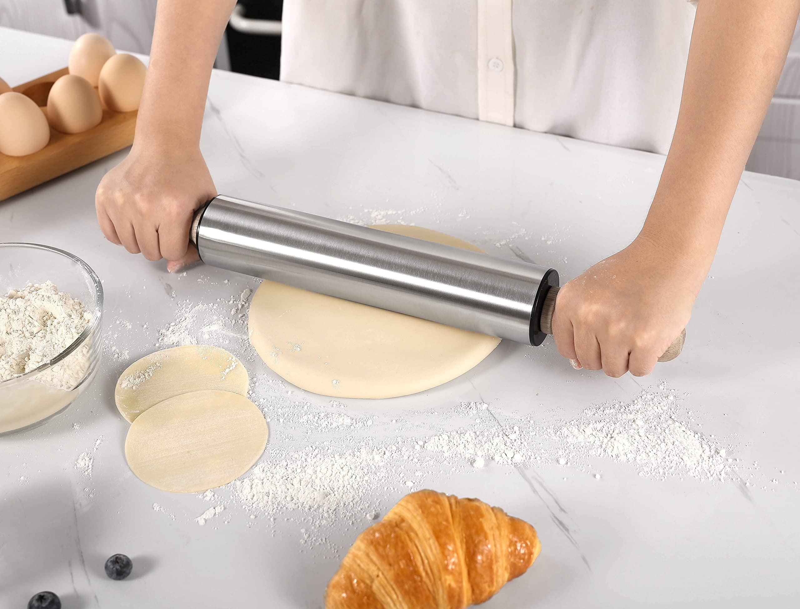 Rolling Pin with Wooden handle,9.6inch Stainless Steel Roller, rolling pins for baking,Which can be used to make Pizza, Pie Crust, Cookies, Pastry,sugar,Pasta and other dough.By Amber&Sean