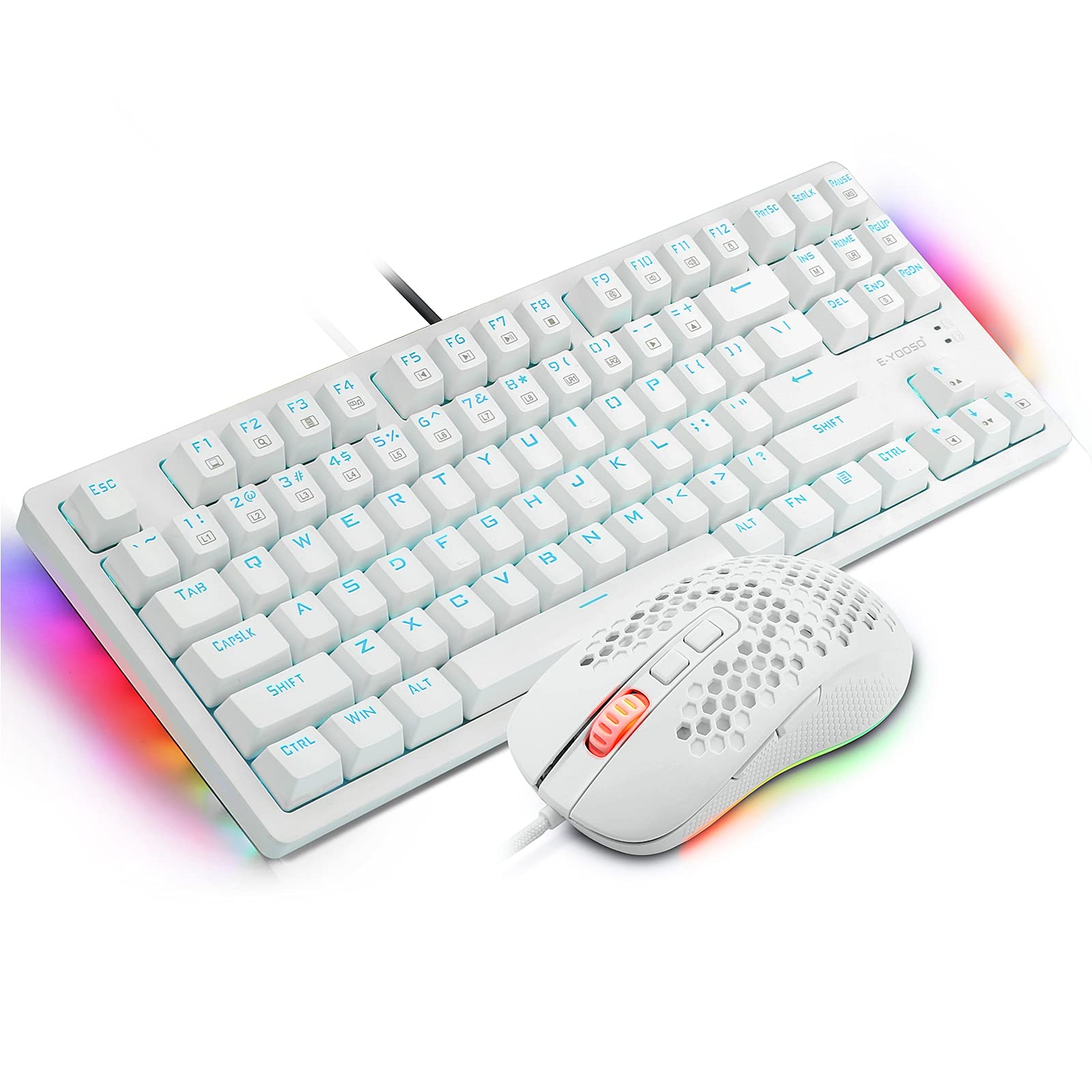 Mechanical Keyboard and Mouse Combo, E-YOOSO Blue Switches Wired Gaming Keyboard and Mouse 87 Key Mechanical Keyboard with Blue Backlit & RGB LED Sidelight and Mouse Pad, for Windows/Mac/Gaming(White)