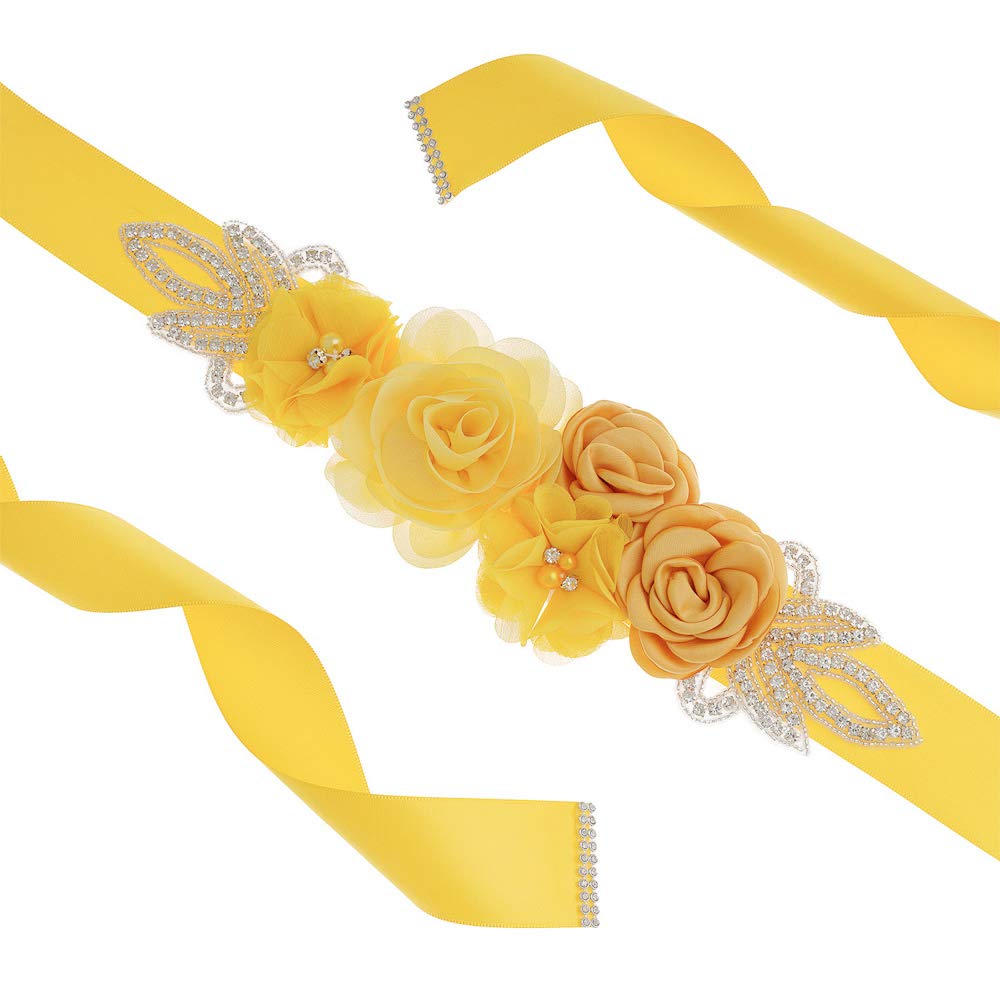 Lauthen.S Sash Belt with Flowers Pearls Rhinestone for Wedding Bride/Baby Shower Dress (One Size, Yellow)