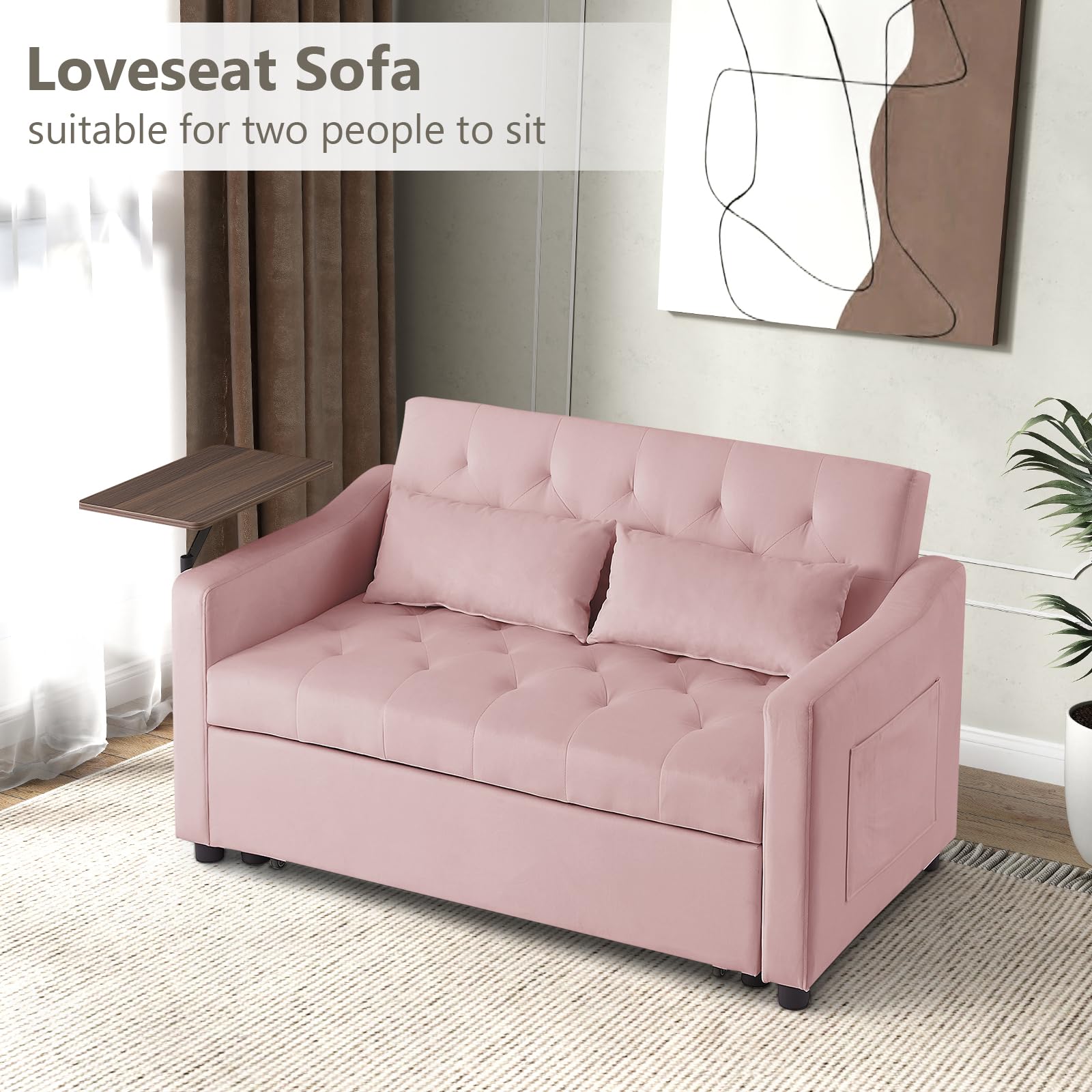 Yafylly 3 in 1 Convertible Sofa Bed, 3-Level Adjustable Backrest Loveseat Sleeper, Small Pull Out Couch with 360° Rotating Side Table for Living Room, Apartment, Bedroom, Office