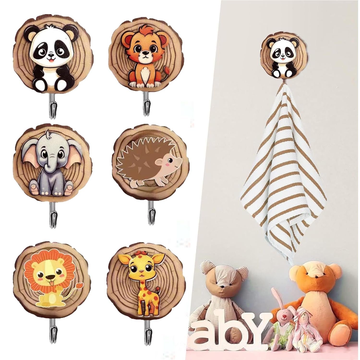 Vamotto Wooden Animal Wall Hooks, 6-Pack Self Adhesive Coat Hooks Hanging Wall Mounted Hooks for Coats, Towels, Hats,Backpack, Robe, Purse,Decorative Farmhouse
