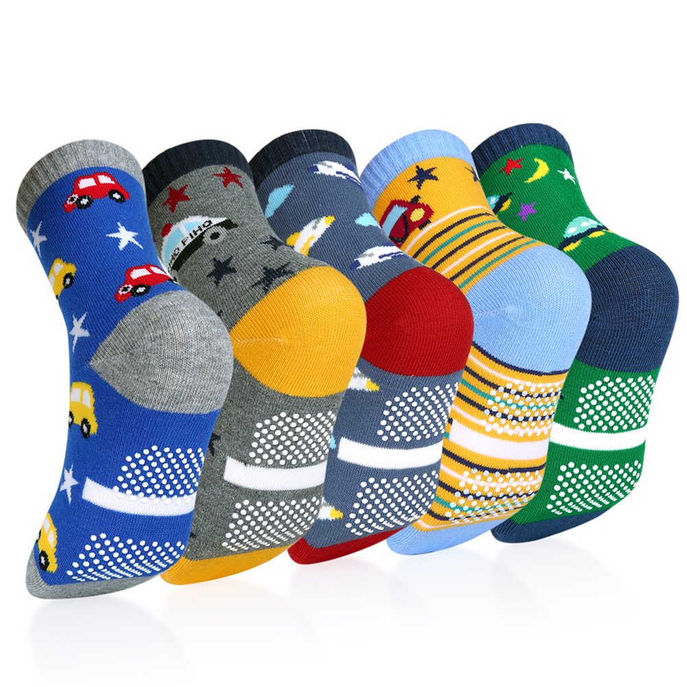 OOPOR Kids Cotton Crew Socks with Grip - 5 Pack Boys Girl Winter Athletic Sport Ankle Sock Set 8-12 Year