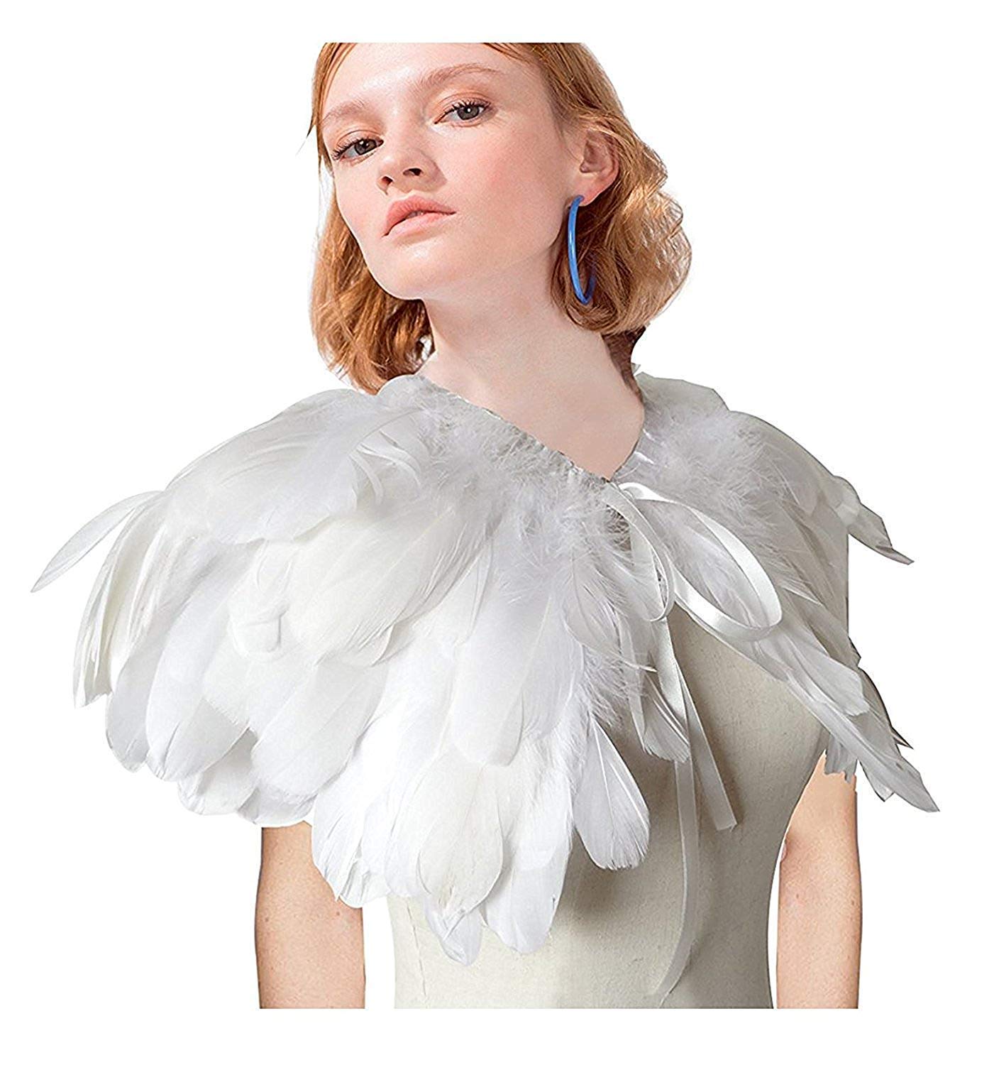 L'VOW Fashion Feather Cape Stole Black White Beige Shawl Burning Man Costumes