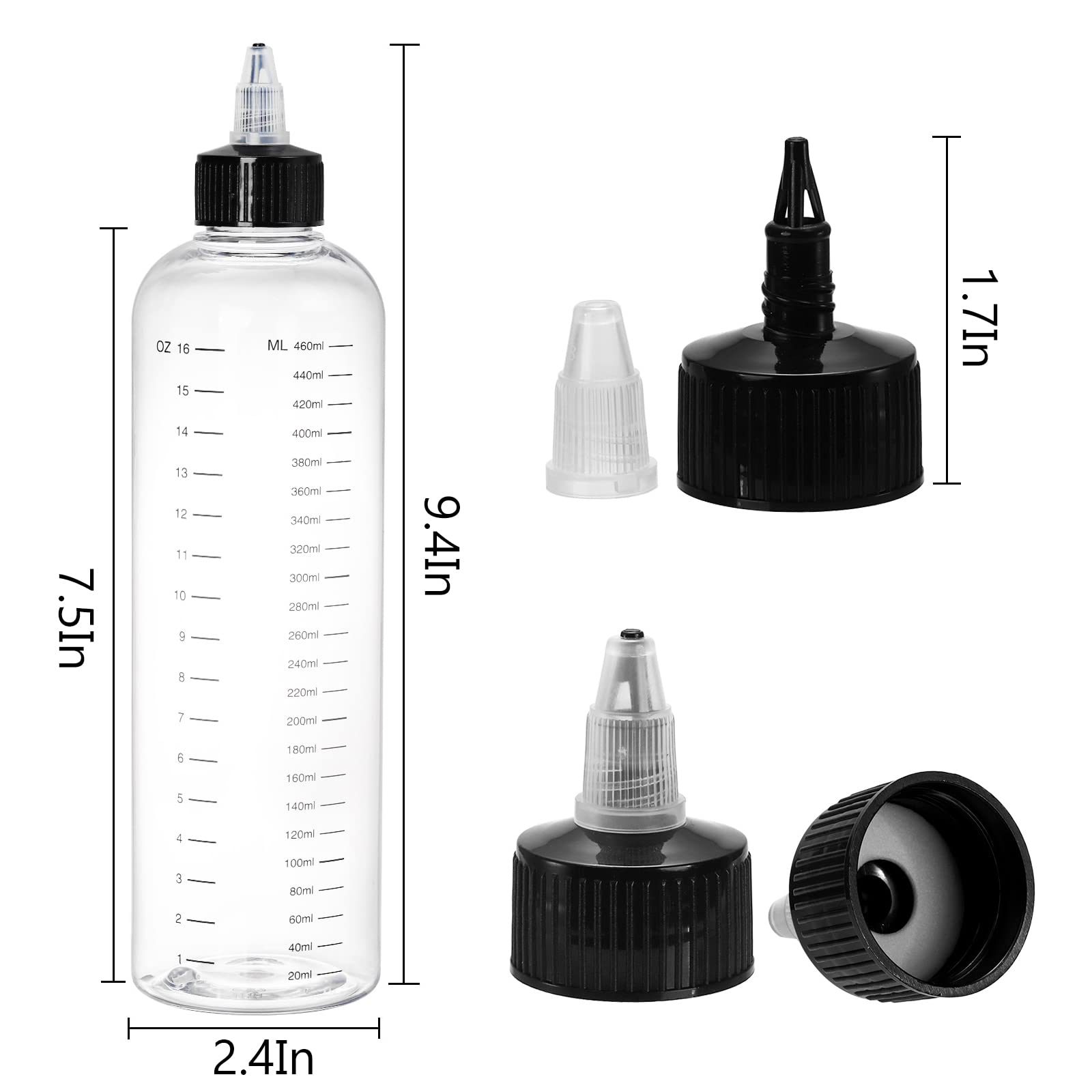 WUWEOT 12 Pack Graduated Squeeze Bottle, 18 Oz Refillable Empty Dropping Bottles, Clear Plastic Boston Dispensing Bottle with Twist Cap for Icing, Liquids, Inks, Oils, Arts and Crafts