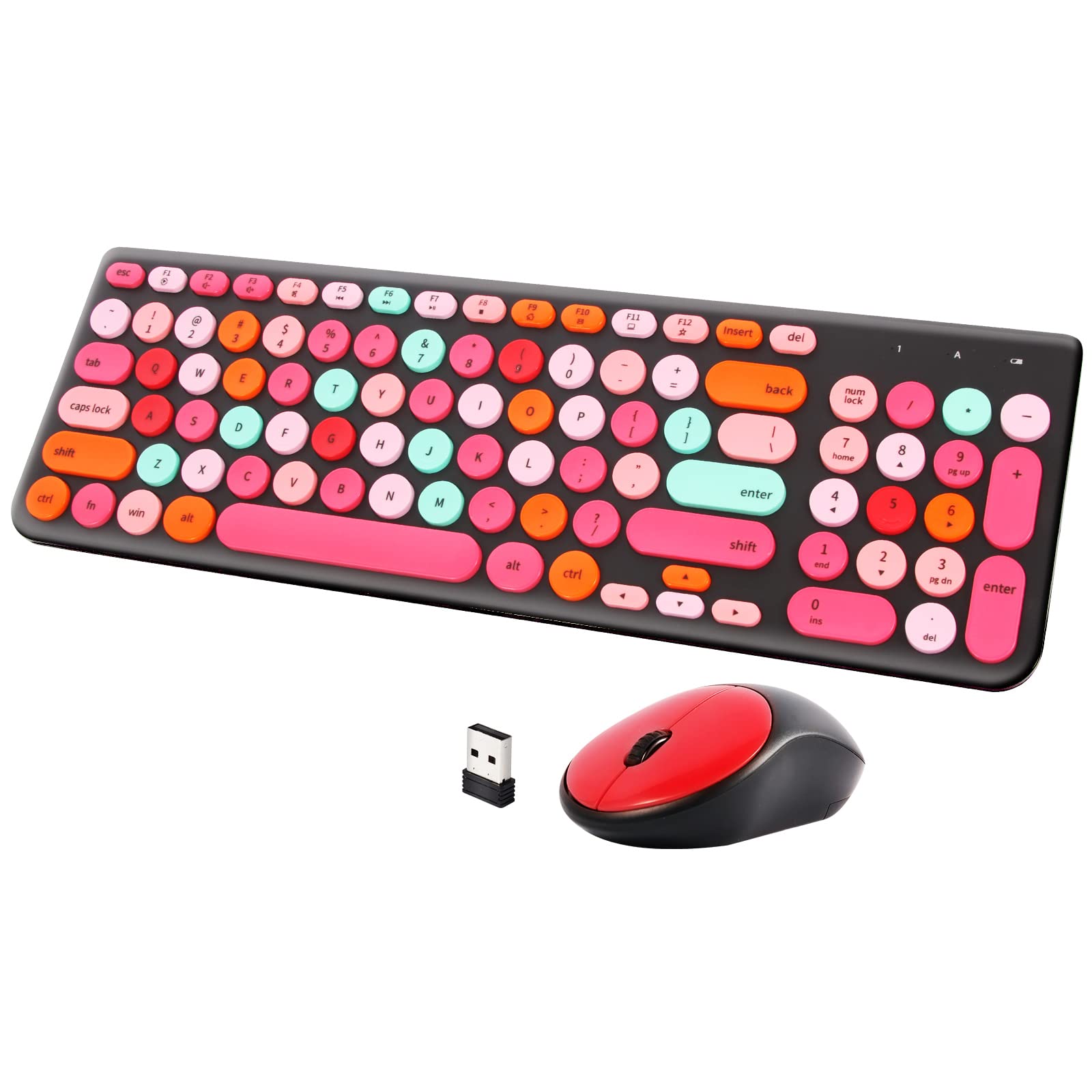 Wireless Keyboard and Mouse Combo, Retro Typewriter Wireless Keyboard with Round Keycaps, 2.4GHz Full-Size USB Cute Mouse for Desktop, Laptop and Computer (Black-Colorful)