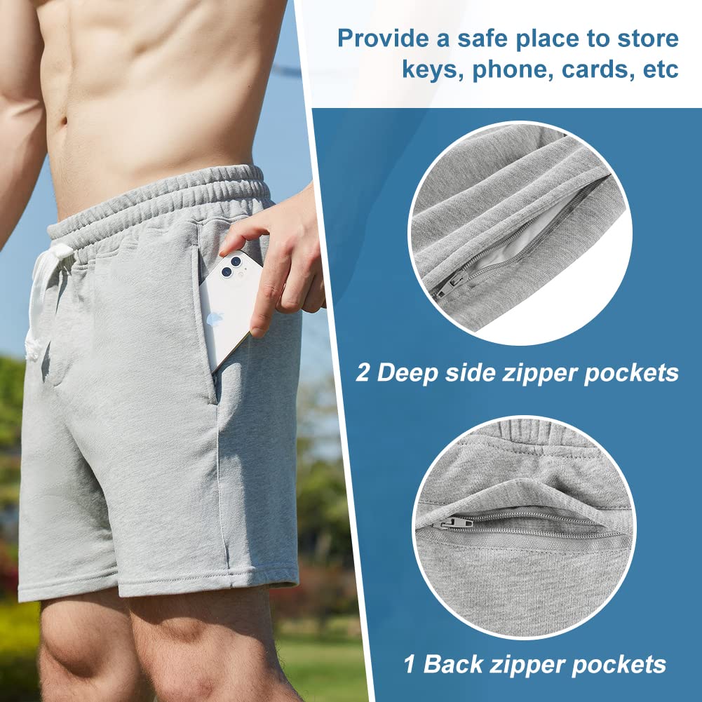 NIMENJOJA Mens 5.5" Athletic Gym Shorts Cotton Jogger Workout Lounge Jersey Zipper Pocket Sweat Shorts Grey