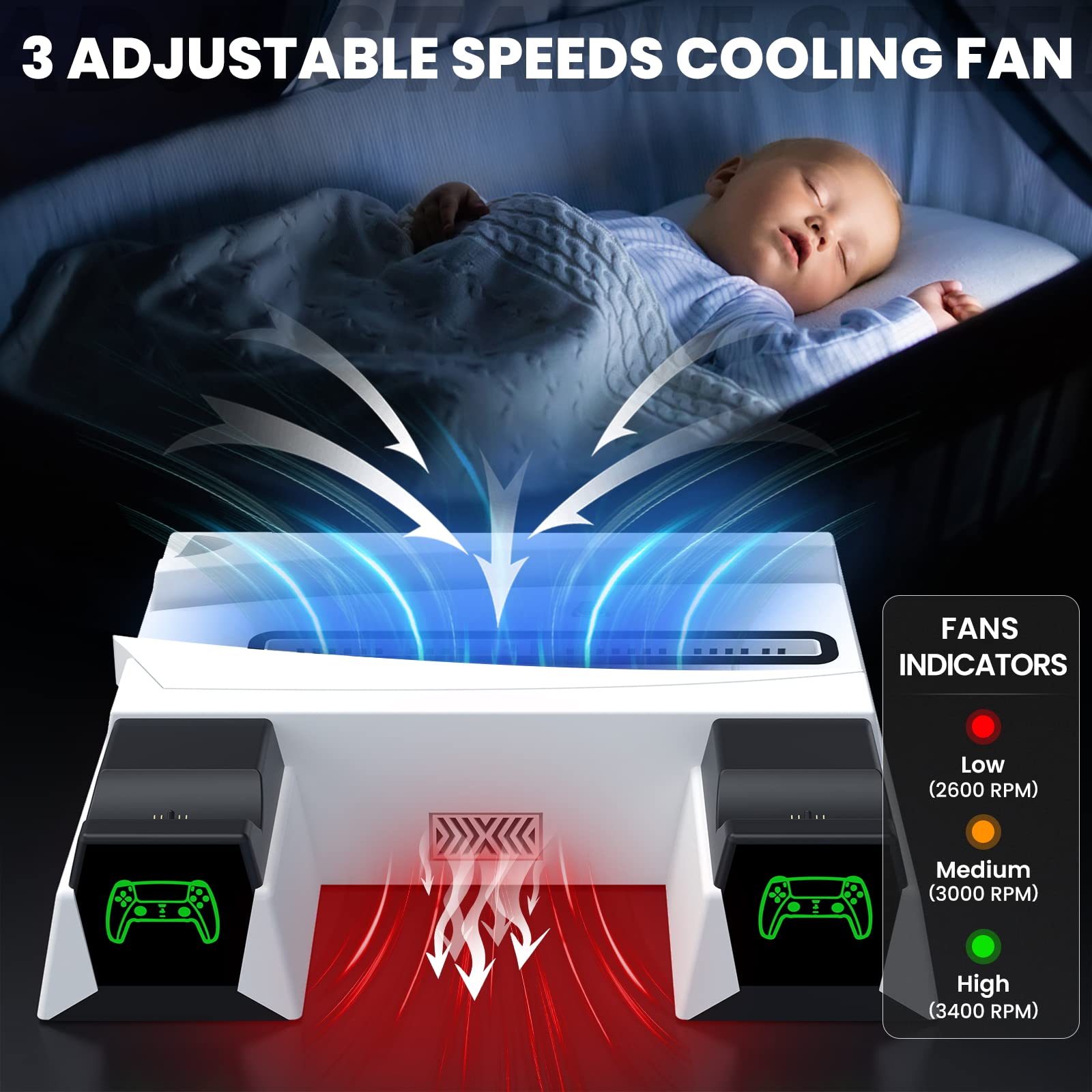 RIIKUNTEK PS5 Stand with Cooling Fan and Dual Controller Charger Compatible with PS5 Console, PS5 cooling stand with Charging Dock Station, 3 Fans Speed, 11 Game Slots, Headset Hook, White