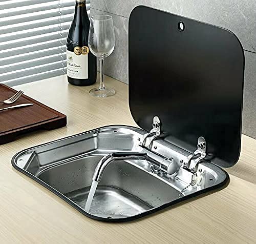 RV Sink Kitchen Bar Sink RV Stainless Steel Hand Wash Basin Sink with Folded Faucet Tempered Glass Lid Washbasin for Camper, Trailer, Caravan, RV, Home, Cafe, Bar, Boat