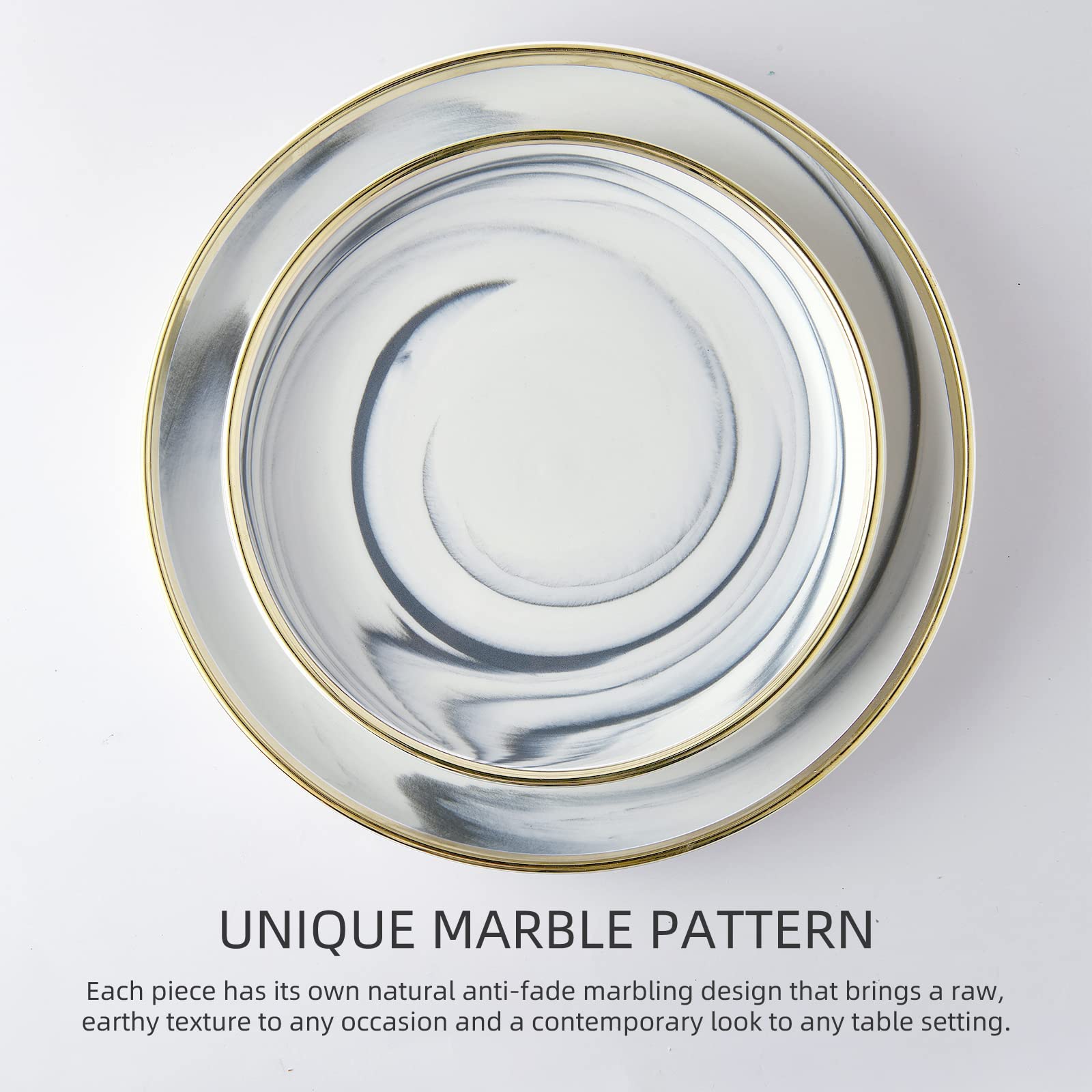 Pokini Dinnerware Sets, Marble Gold Line Plates and Bowls Sets Stoneware Dishes Set For 4, 12 Piece White Grey Marble Porcelain Round Dinner Dish Sets