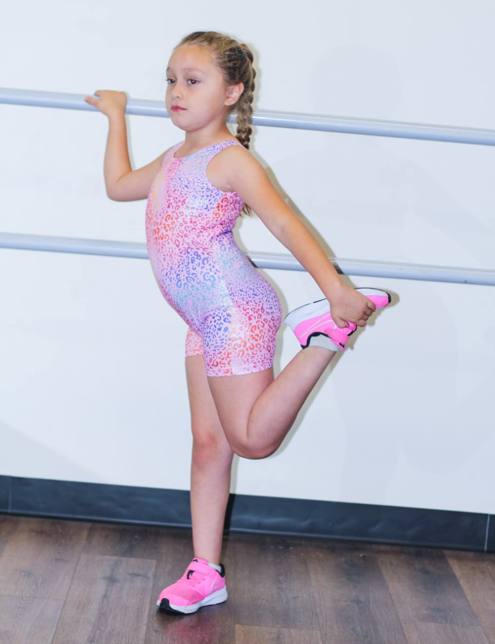 rainbowsnow Girls Gymnastics Leotards Size 5-6 Years Old Sparkly Pink Leopard Sleeveless Tank Biketard