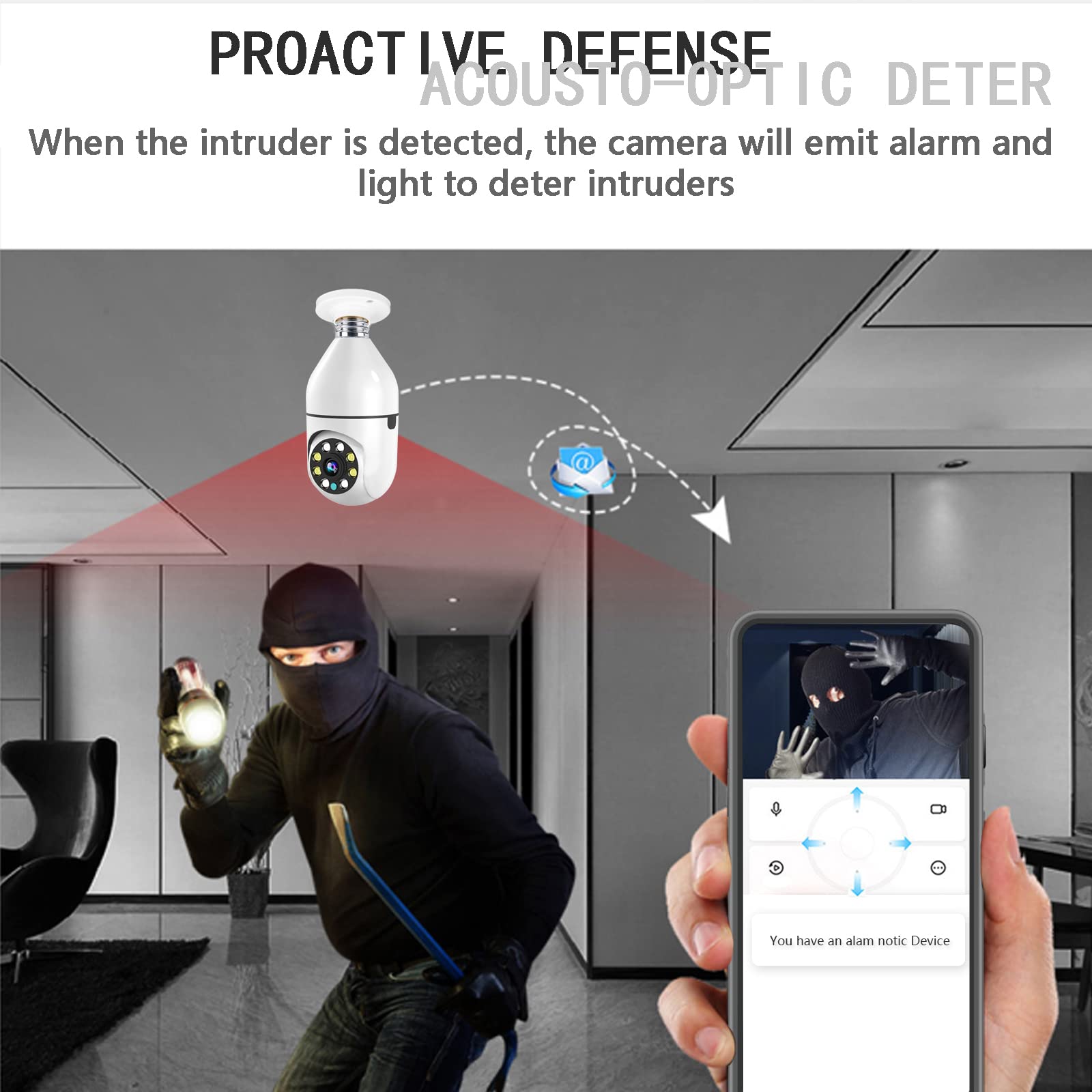Light Bulb Camera, 360° Panoramic IP Camera, 2MP HD Picture Quality, Adjustable Vertical 90°Horizontal 355°, with Night Vision,Alarm Function,Motion Detection Tracking,Two Way Talk,Alexa Compatible