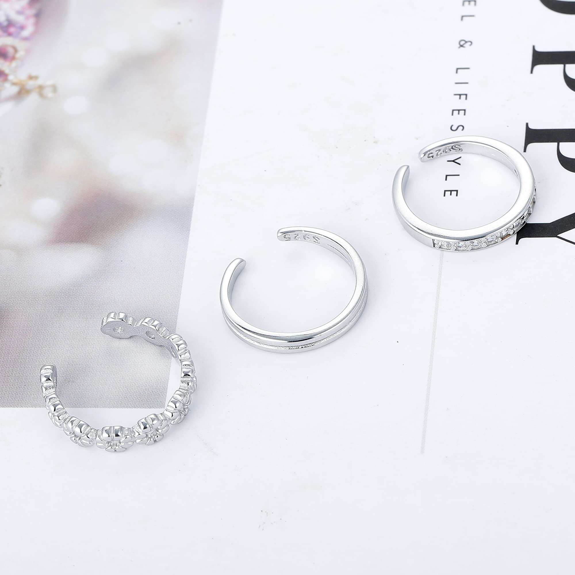 MJust 3pcs 925 Sterling Silver Toe Rings for Women Hypoallergenic Adjustable Open Band Toe Rings Jewelry Set (Silver)