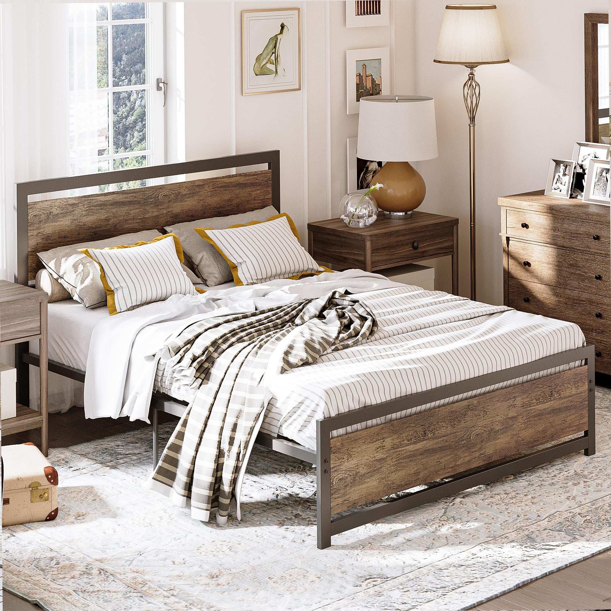LIKIMIO Full Bed Frame with Headboard and Footboard, Metal Strong Supports, Easy Assembly, Noise-Free, No Box Spring Needed, Vintage Brown