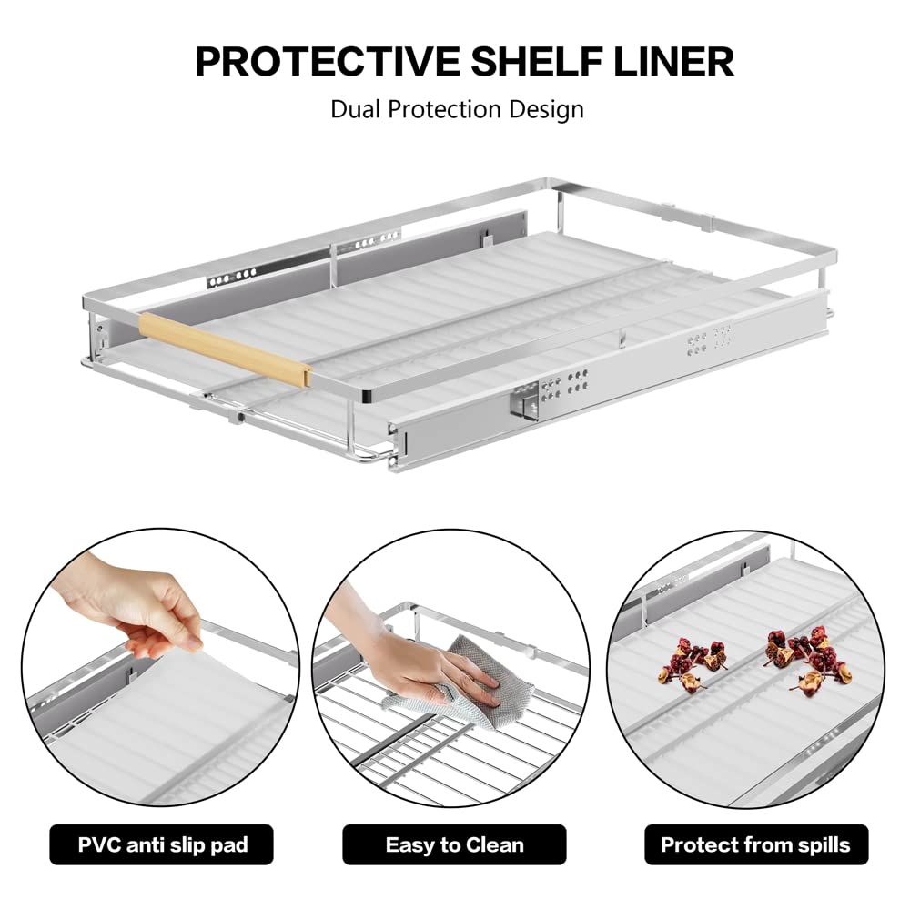 MIYUPTC Expandable Sliding Basket, Pull-Out Cabinet Organizer, Heavy Duty Slide Out Pantry Shelves Sliding Drawer Storage for Kitchen, Under Sink, Wardrobe, 2 Pack Chrome 16.6''-27.8''W x 22''D