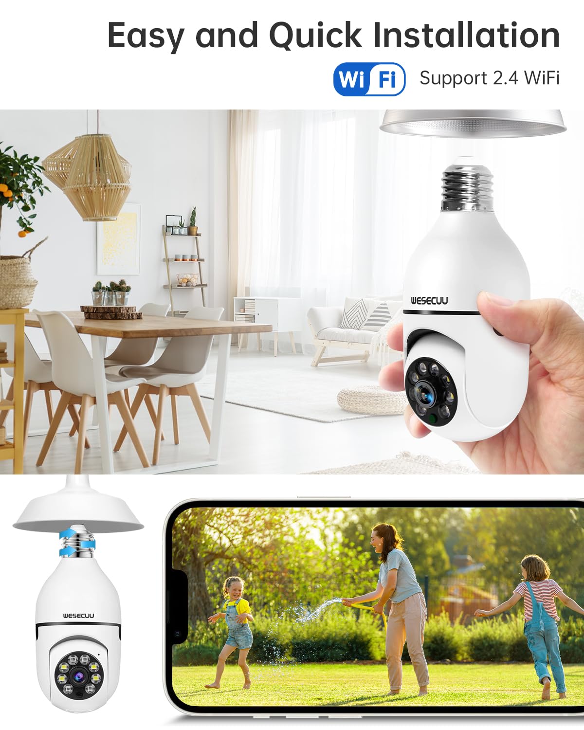 Light Bulb Security Camera, 2K Bulb Security Camera 5G/2.4GHz,Security Cameras Wireless Outdoor with Automatic Human Detection,Motion Detection,Color Night Vision Bulb Camera Compatible with Alexa