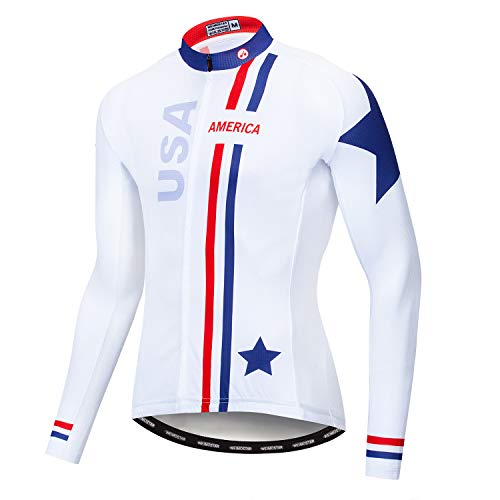 Men Cycling Jersey USA Bike Long Sleeve 3-Pockets Breathable Quick-Dry Shirt Tops S-3XL
