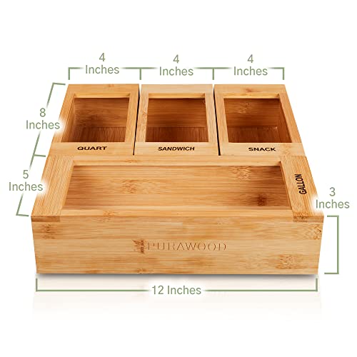 Purawood Ziplock Bag Storage Organizer - Natural Bamboo Organizer to Declutter Your Kitchen β Easy & Efficient Ziplock Bag Organizer - Baggie Holder Compatible with all Brands (4-Pack)