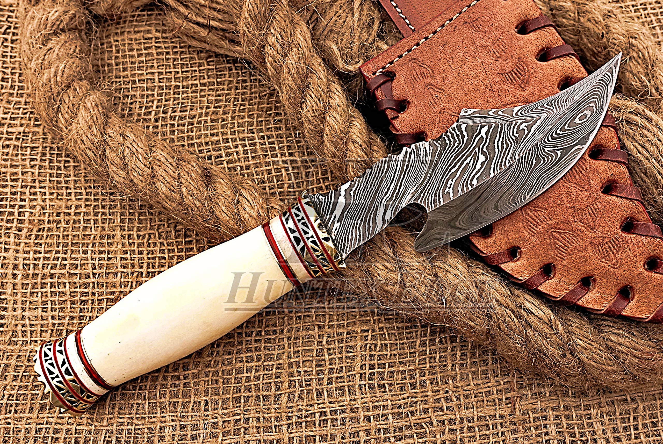 Knife King Handmade Damascus Hunting Knife - Walnut Wood Handle-13.25" Fixed Blade Knife with Leather Sheath-Master Quality EDC Survival Knife-Camping Knife Ideal Gift for Men and Women