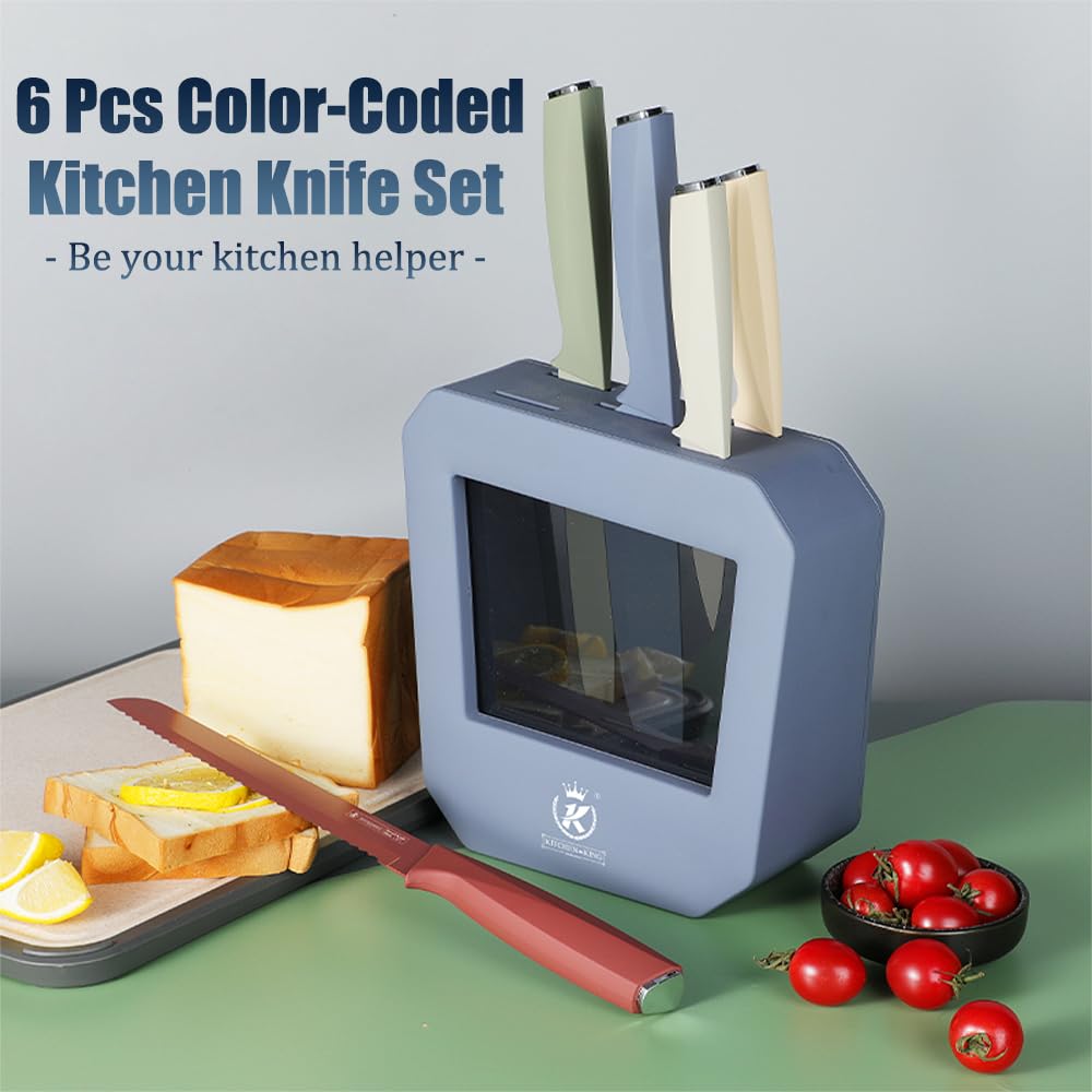 Knife Set, 6 Pcs Color-Coded Kitchen Knife Set, 5 Color Anti-Rust Coating Stainless Steel Kitchen Knife Set with Block, Super Sharp Kitchen Knives with Acrylic Stand, Professional Chef Knife Set