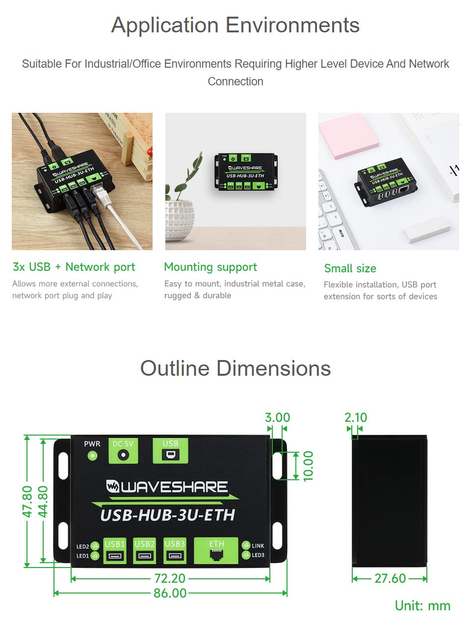 Waveshare Industrial Grade Multifunctional USB HUB Extending 3X USB Ports + 100M Ethernet Port Suitable for Industrial/Office Environments Requiring Higher Level Device and Network Connection
