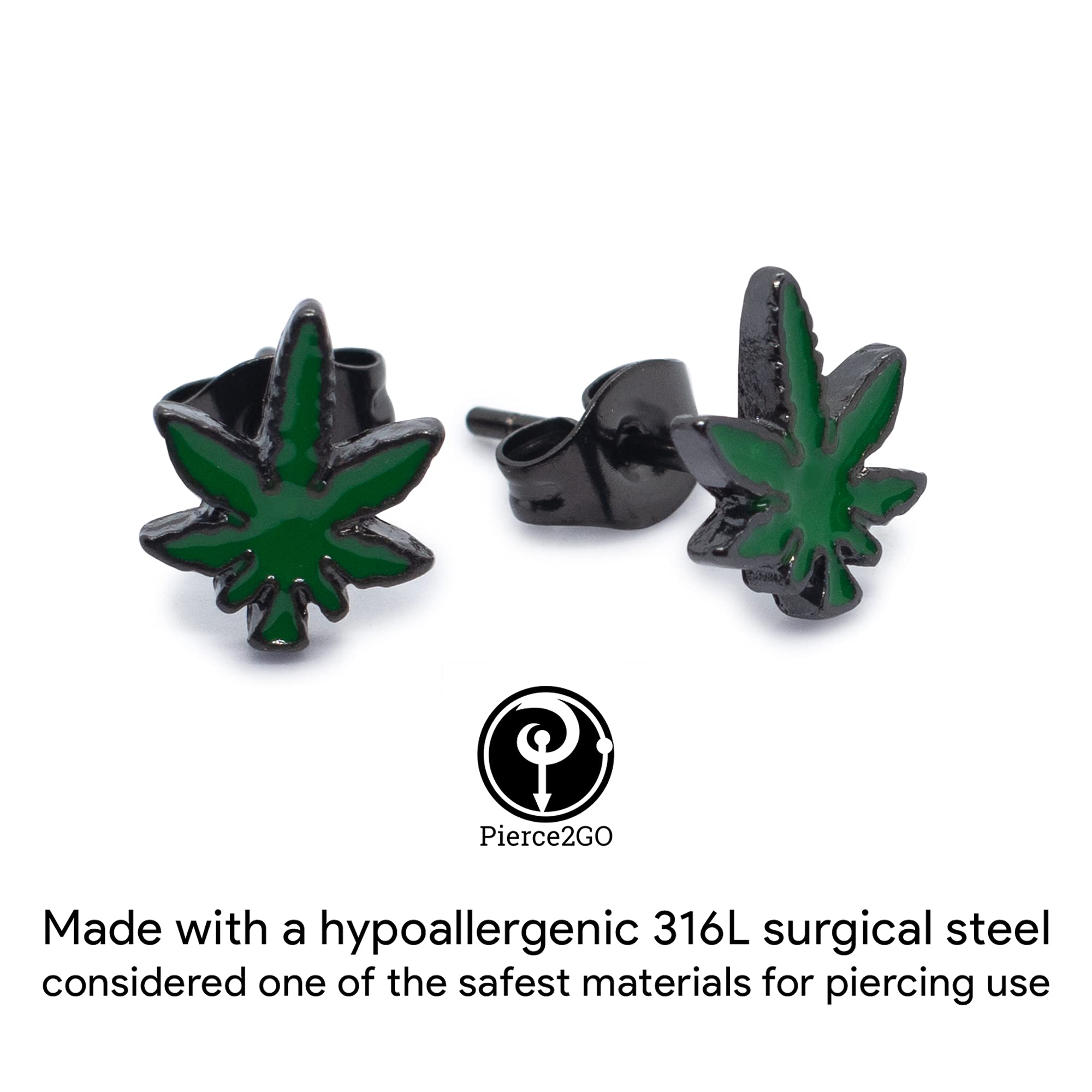 Pierce2GO Stud Earrings 316L Stainless Steel Anodized Black Ear Studs with Green Marijuana Leaf Pendant Earrings Studs for Women and Men β Marijuana Stud Earrings Set of 2