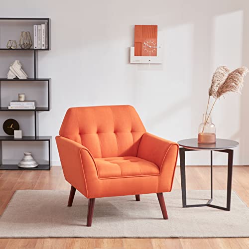 Kingfun Accent Chairs for Bedroom, Midcentury Modern Accent Arm Chair for Living Room, Linen Fabric Comfy Reading Chair, Tufted Comfortable Sofa Chair, Upholstered Single Sofa, Orange