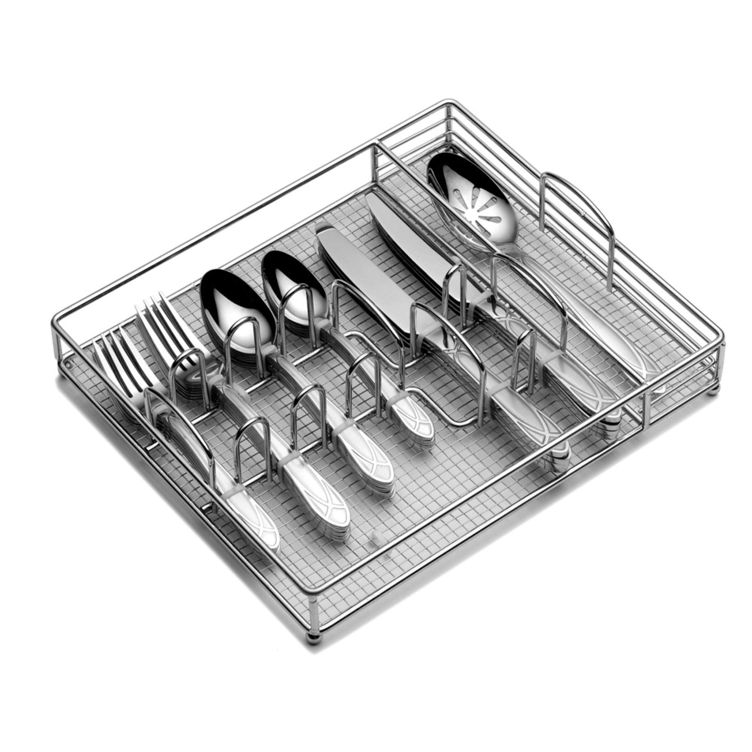 Pfaltzgraff Mirage Frost 45-Piece Stainless Steel Flatware Set with Serving Utensil Set and Metal Storage Caddy, Service for 8