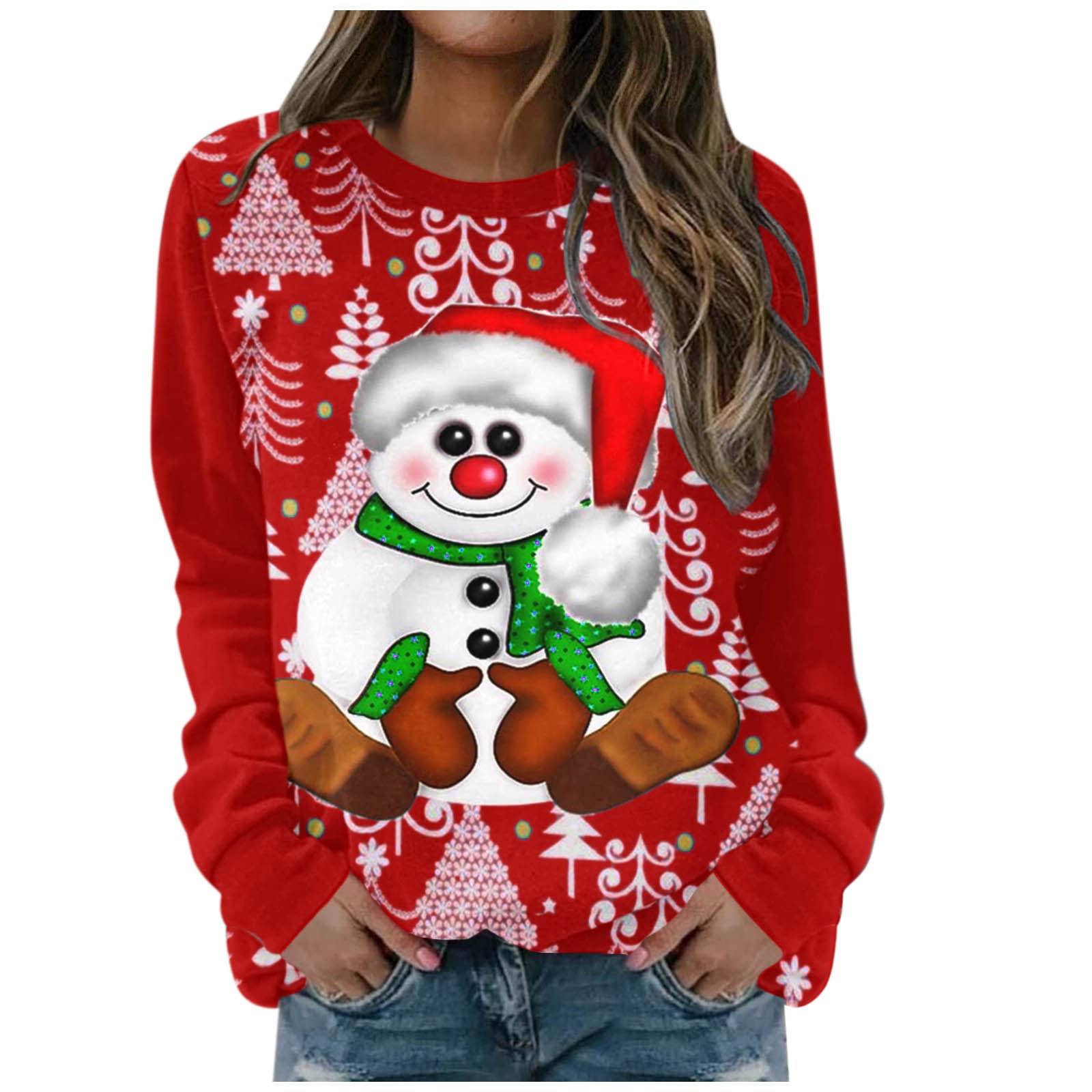Women Hoodies Graphic Round Neck Pullover Shirts Long Sleeve Festival Shirts Drop Shoulder Pullover Baseball T-Shirt Red