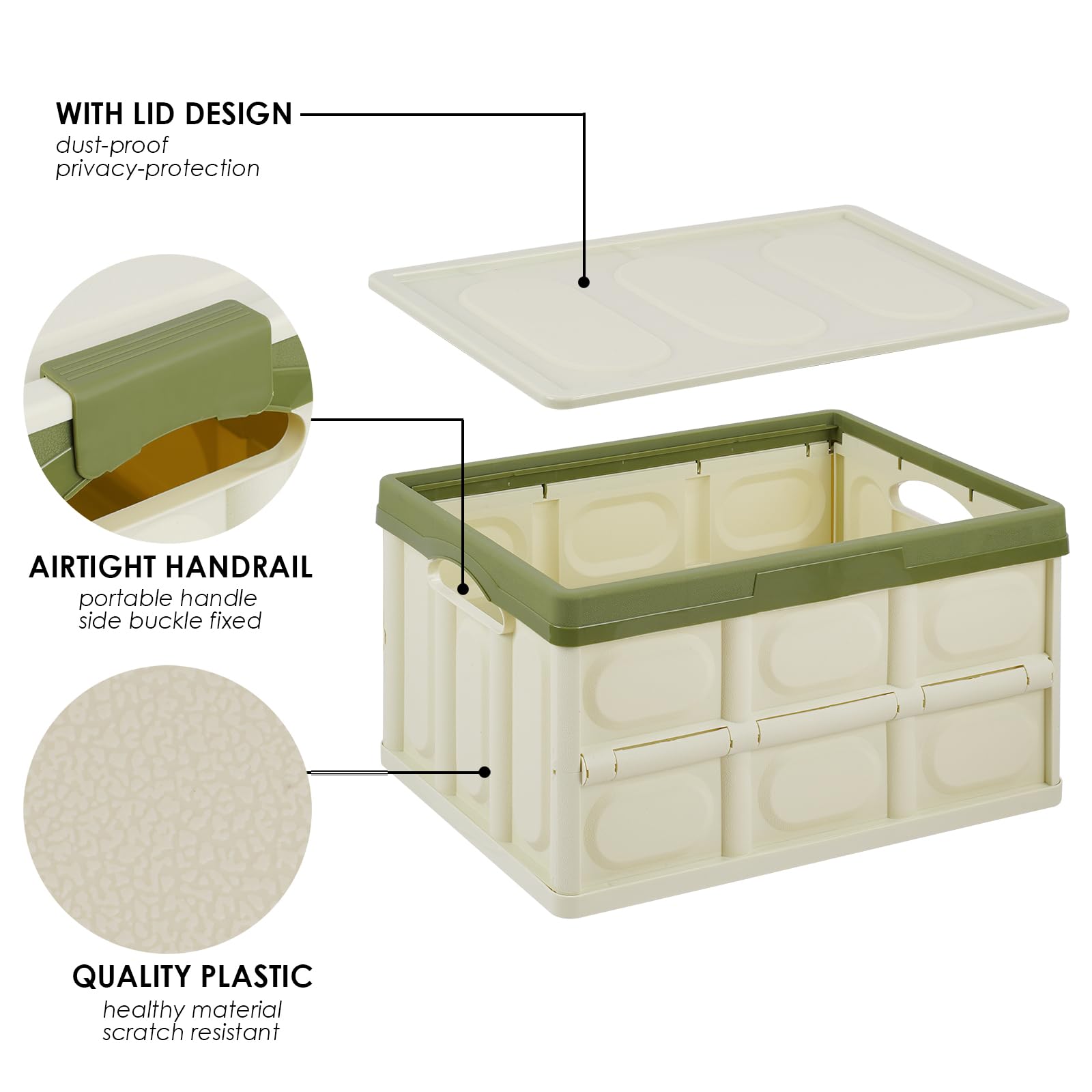 Phyllia Foldable Storage Boxes with Lids, 3 Pack Collapsible Plastic Storage Bins Organizer Containers Baskets Cub with Cover,Stackable Utility Crates Storage Box (Green, 30L)