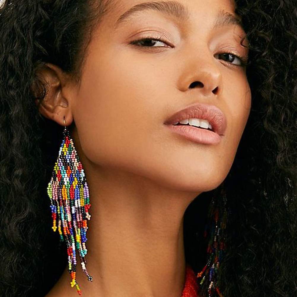 Long Beaded Tassel Earrings - Bohemian Fringe Drop Earrings Statement, Seed Bead Tribal Dangle Earrings, Pendientes De Borla, Idea for Women, Valentine