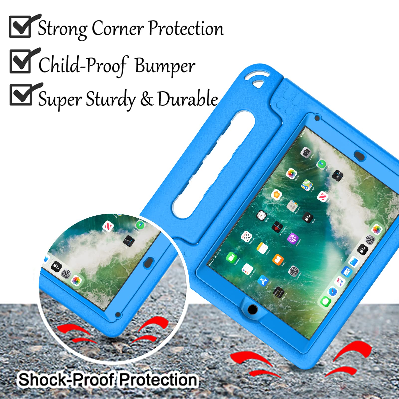 TIRIN 9.7-Inch Case, Kids Case for iPad 6th/5th Generation 2018/2017, iPad Air 1/2 & iPad Pro 9.7 Case with Built-in Screen Protector, Durable Shockproof Protective Cover with Convenient Handle, Blue