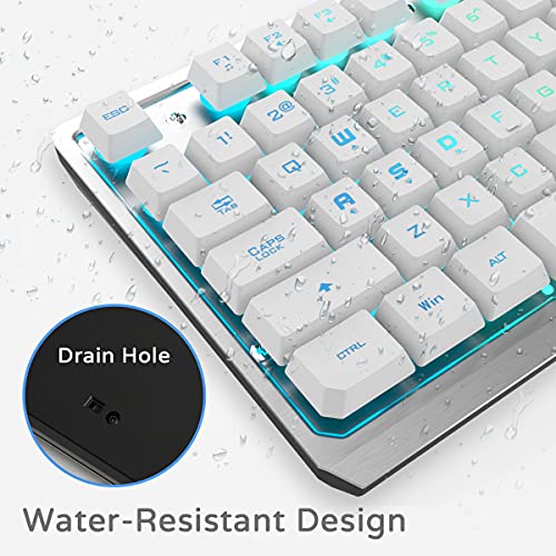 Lumsburry White Gaming Keyboard, Rainbow LED Backlit,19 Anti-ghosting Keys, USB Wired, Metal Panel, Ergonomic 104 Keys, Multimedia Control, Water-Resistant, Full Size, for Windows PC Mac Office Gamer