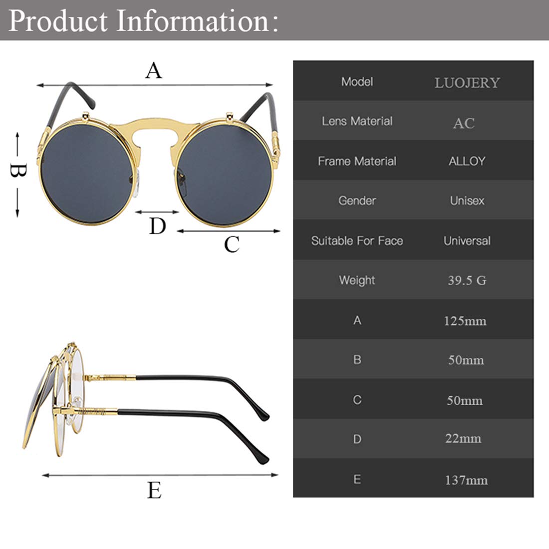 luojery Retro Round 80's Flip Up Steampunk Sunglasses Mirror Vintage Circle Sun Glasses Eyewear for Men Women (Gold Frame Grey Lens, as the picture)
