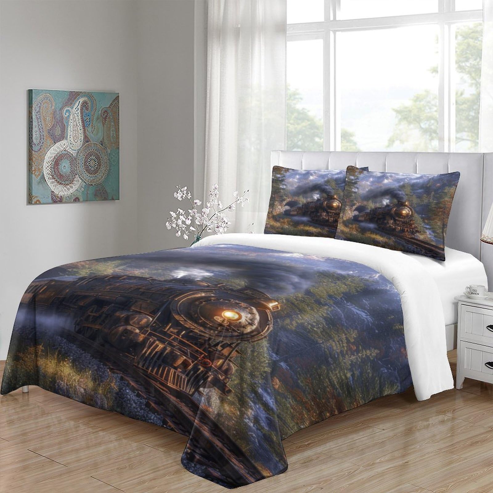 YYANQIN Steam Train Bedding Set, 3D Printing 3 Piece Sets Quilt Cover Soft Microfibre Quilt Cover with Pillowcases and Zipper Closure for Home Decor Bed Twin(173x218cm)