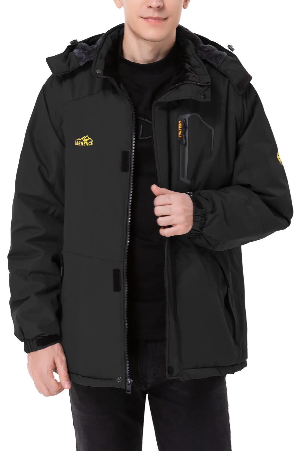 Men's Mountain Waterproof Ski Jacket Windproof Rain Jacket Winter Warm Snow Coat II with Removable Hood U120WCFY028,Black,L