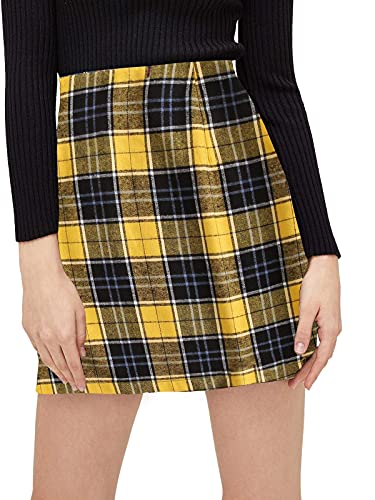 MakeMeChic Women's Plaid Skirt High Waisted Pencil Mini Skirt Yellow Navy XL