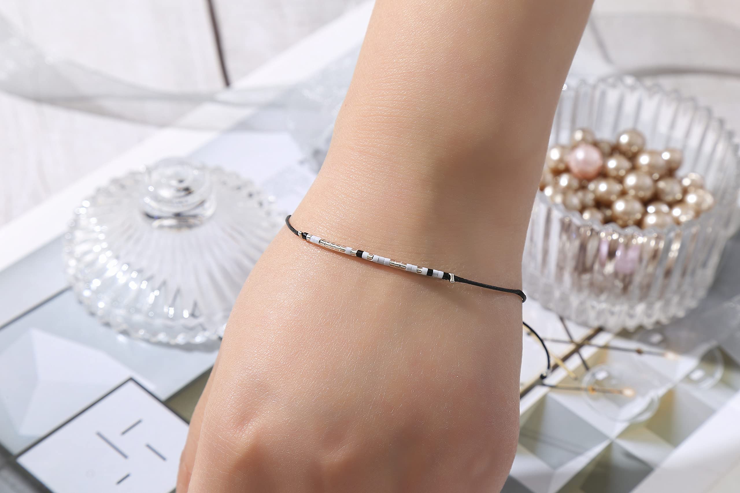 RareLove I Love You Morse Code Beaded Bracelet for Women Relationship Bracelets,His and Hers Bracelets Waterproof Silver White Black Tiny Pony Seed Beads Black String