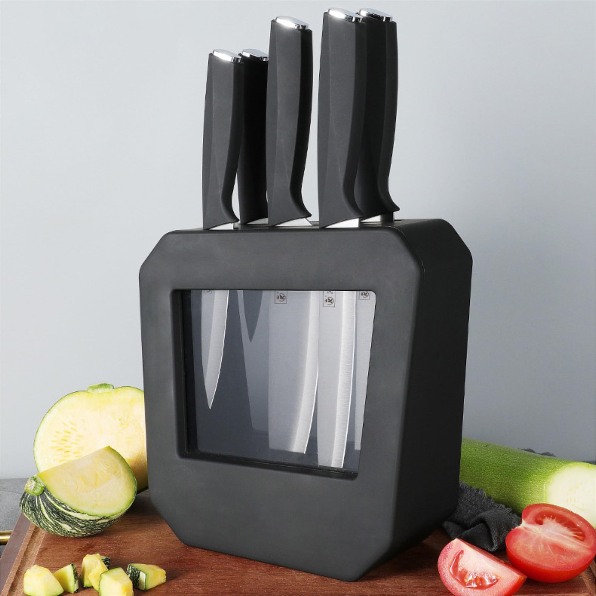 Knife Set, 6 pcs Black Kitchen Knife with Matte Acrylic Stand, Chef Knife Set Professional Home Essentials for New Apartment Kitchen Tool Gift Sets (Frosted Black)