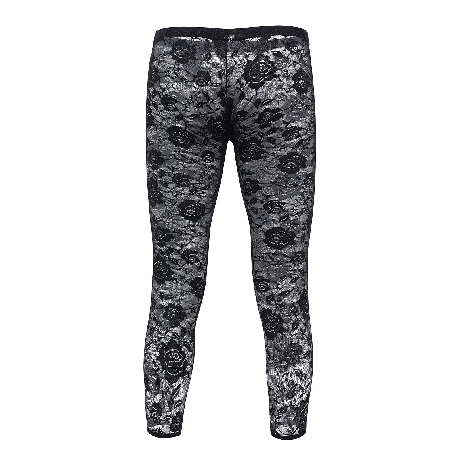 Men's Sissy Floral Lace Sheer Mesh Long Pants Leggings Low Rise Semi See Through Transparent Long Johns Tights Black Small