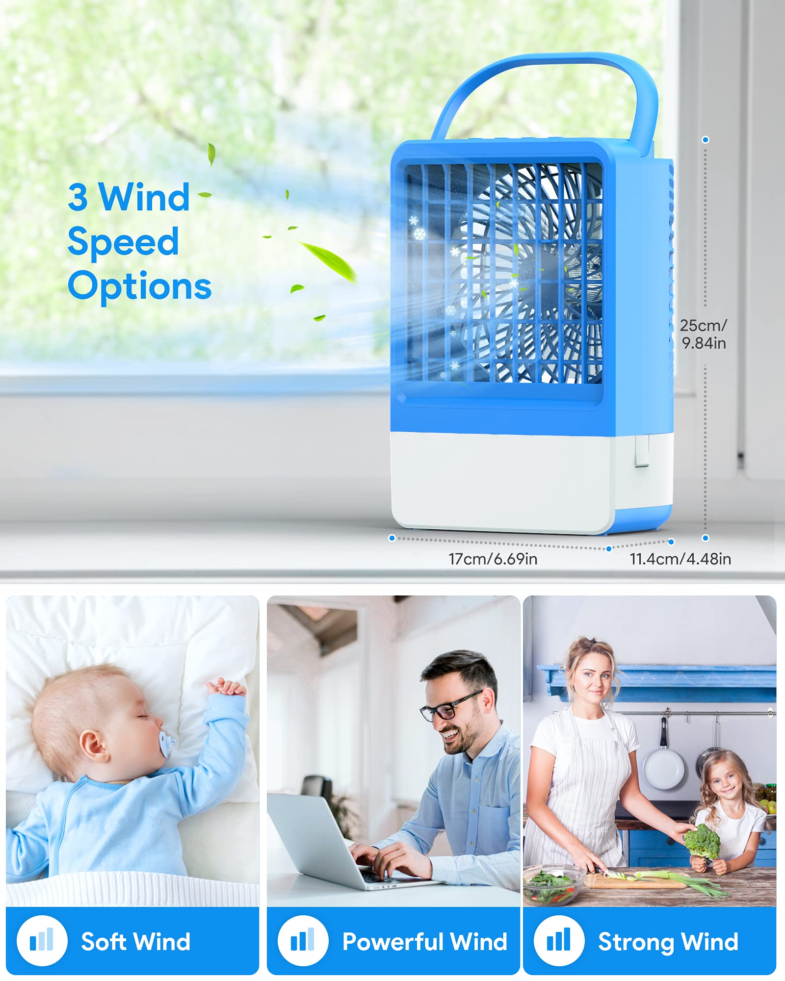 Portable Air Conditioner, Evaporative Air Cooler in 3 Speed Personal Mini Air Conditioner with LED Light, Evaporative Cooler for Home Bedroom Office Desk