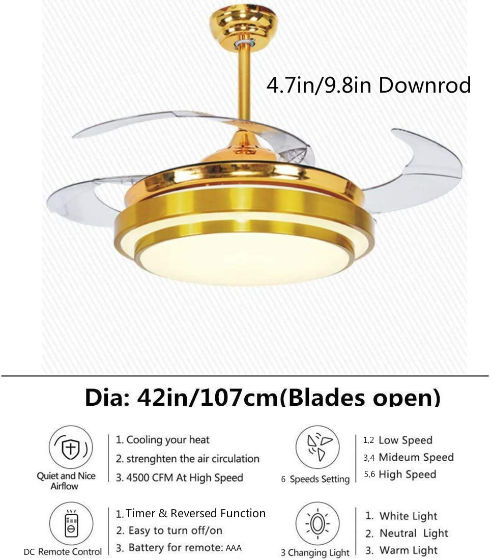 Lighting Groups 42" Retractable Reversible Ceiling Fans with LED Light Remote Control 4 Invisible Clear ABS Blades Livingroom Diningroom Fan Chandelier Indoor Ceiling Light Kits with Fans (Gold-01)
