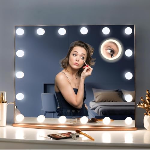 LUXFURNI Vanity Tabletop Hollywood Makeup Mirror w/USB-Powered Dimmable Light, Touch Control, 12 Day/Warm LED Light (16Wx20L, White)