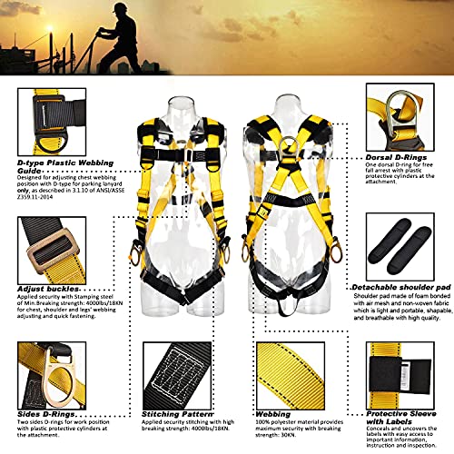 WELKFORDER 3D-Ring Industrial Fall Protection Safety Harness ANSI/ASSE Z359.11-2014 Compliant Full Body Personal Protection Equipment 5-Point Adjustment Universal 310 lbs
