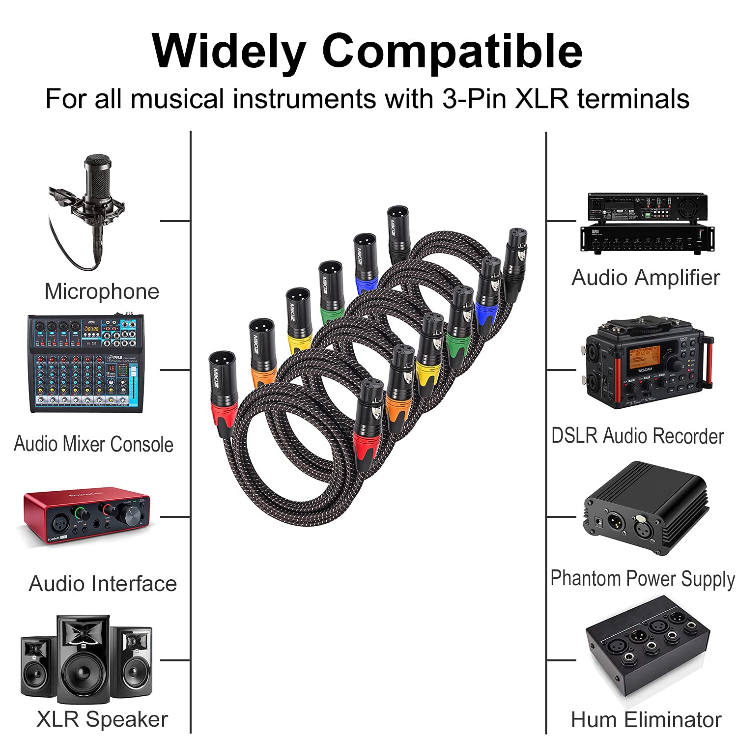 MIKIZ XLR Cables for Microphone 25ft 6 Packs - Braided Premium Balanced XLR Mic Cable 3-Pin Male to Female Dual Shielded